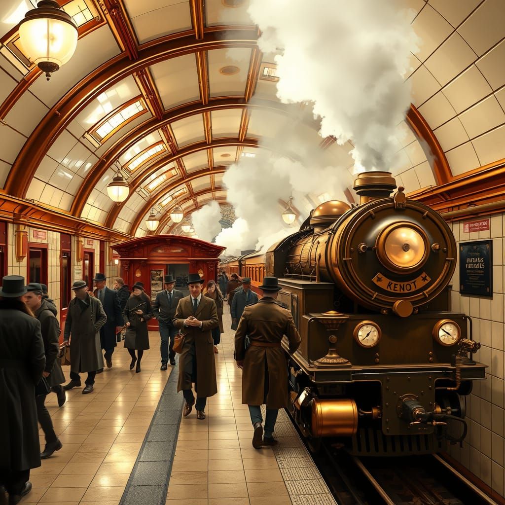 New-Fangled Steamway - Elegant Steampunk Subway Station with...