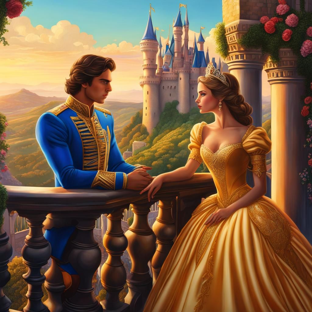 beautiful princess and handsome prince in love on the castles balcony J ...