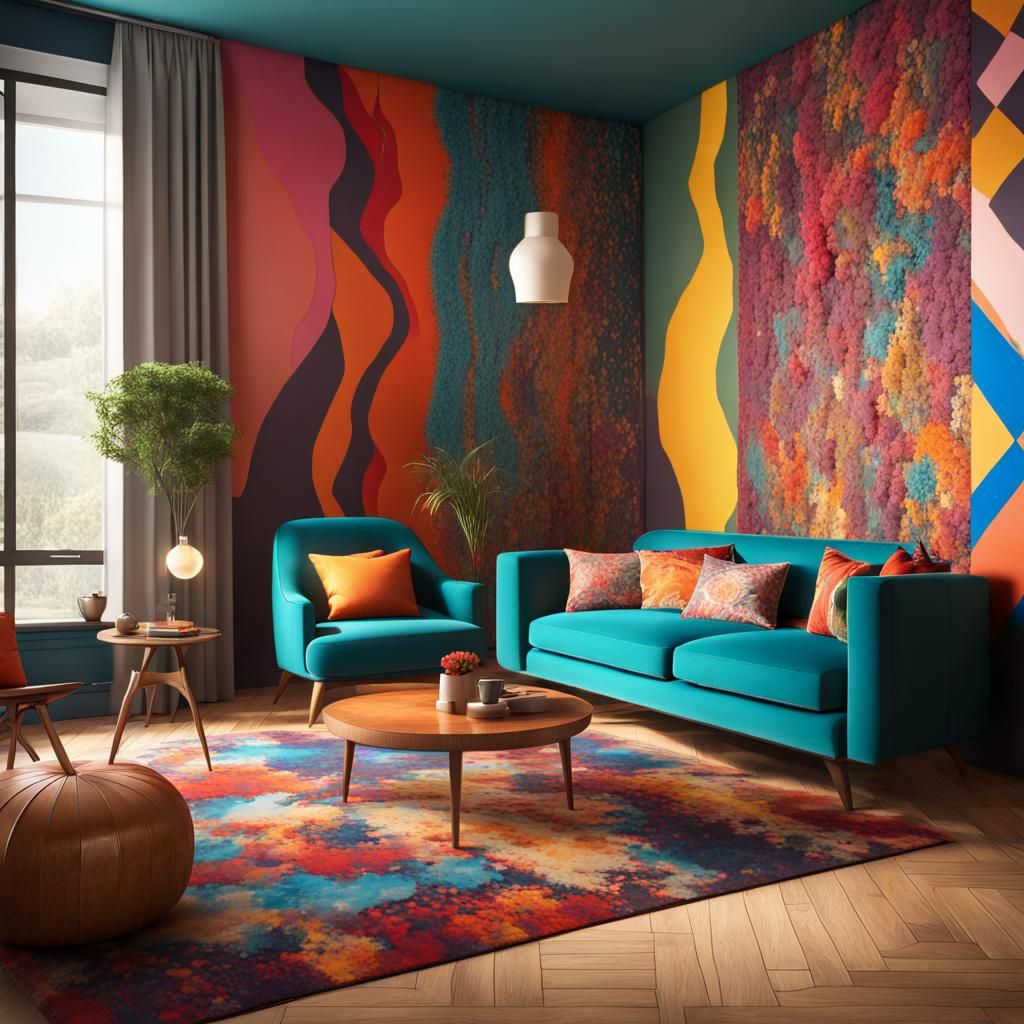 A living room with pattern walls, bold colours, settee and chairs, rugs ...