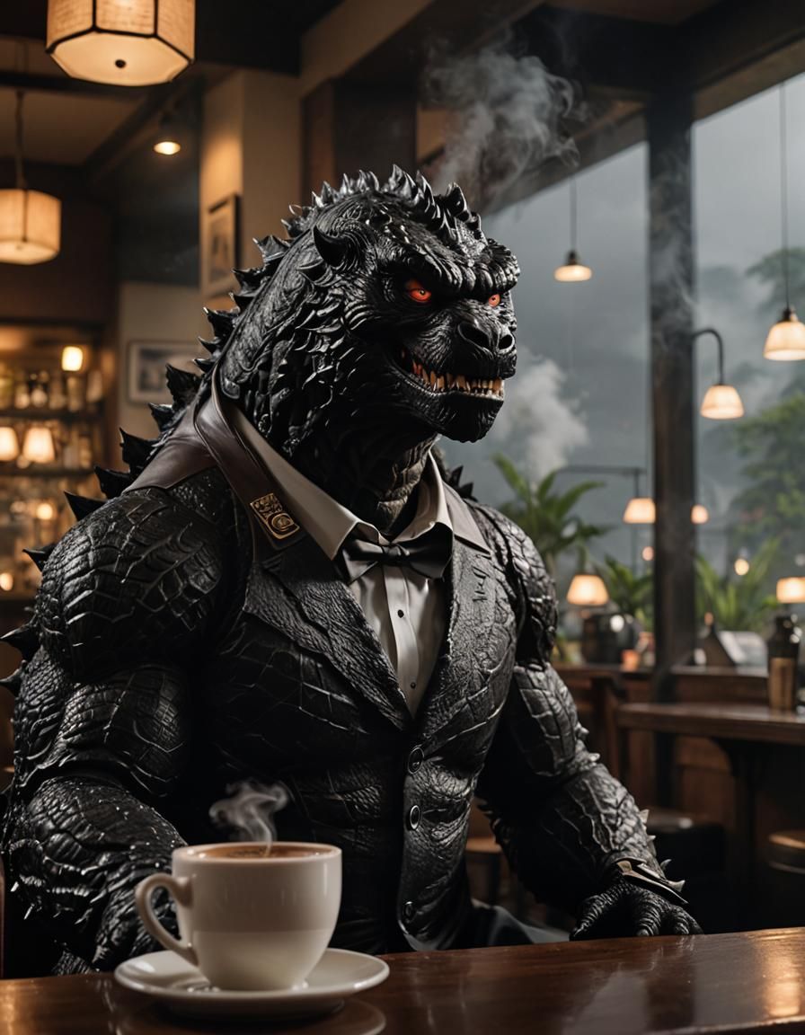 Godzilla coffee break, Kong both at the coffee shop, mist, dark ...