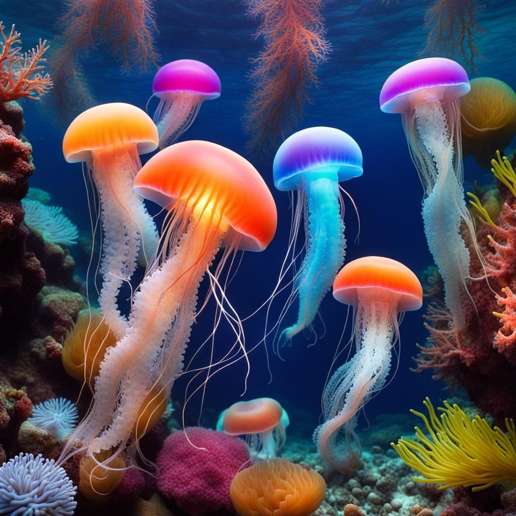 Most beautiful colorful group swimming translucent glowing jelly fish ...