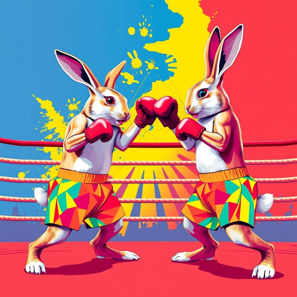 Rabbits Boxing in Vibrant, Geometric Shorts - AI Art