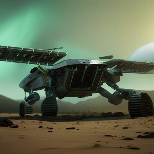 medium close-up of the most advanced spaceship landing on a green rover ...