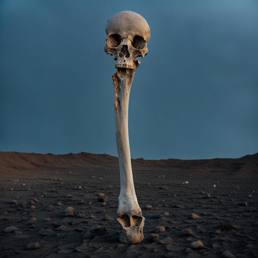 a giant femur bone stuck vertically on the horizon