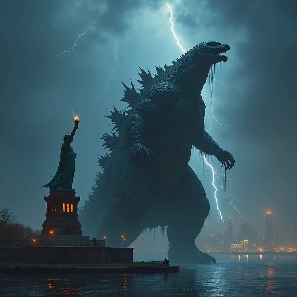 Godzilla Towers Over the Statue of Liberty in a St... - AI Art