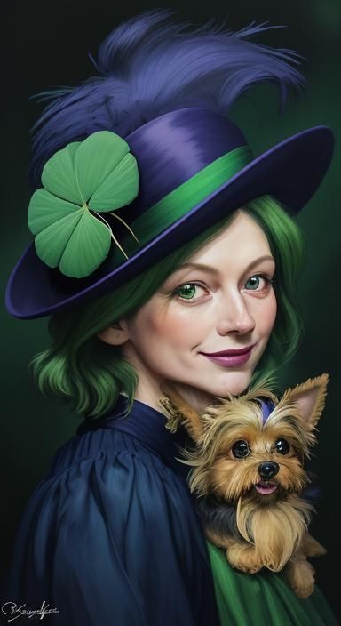 wooded forest lucky four leaf clover laughing lady with her yorkiedog ...