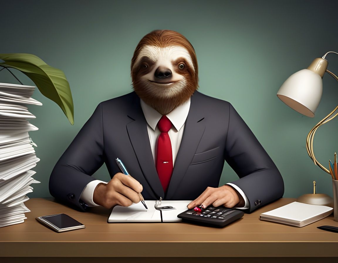 My Accountant is a Sloth, sloth in a suit, sloth using a calculator ...