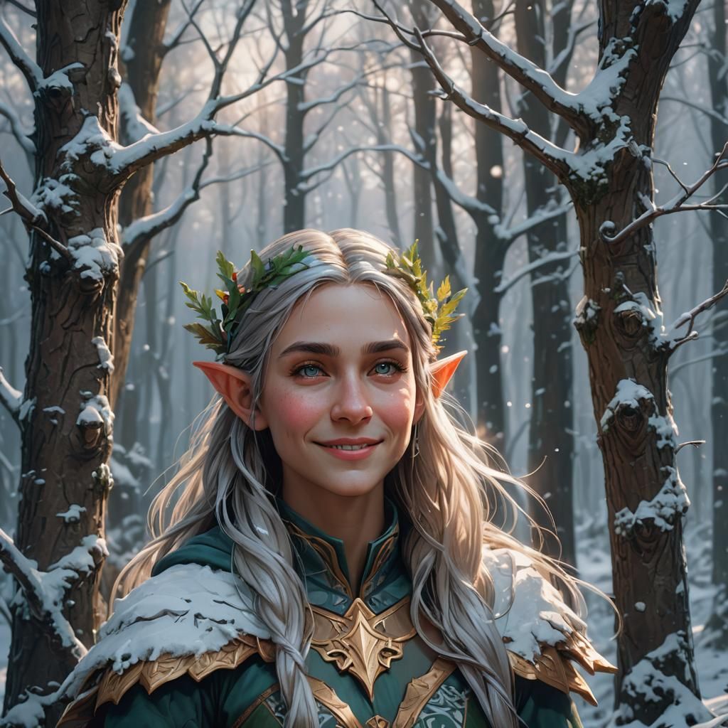 a winter forest and a single smiling female elf - AI Generated Artwork ...