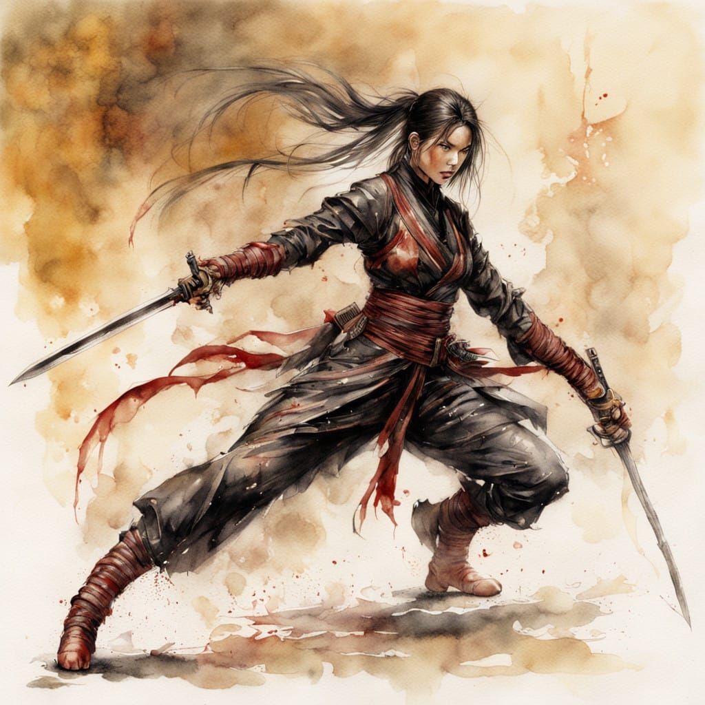 "full body action pose watercolor sketch by Luis Royo - female ninja soft belly: more_details ...