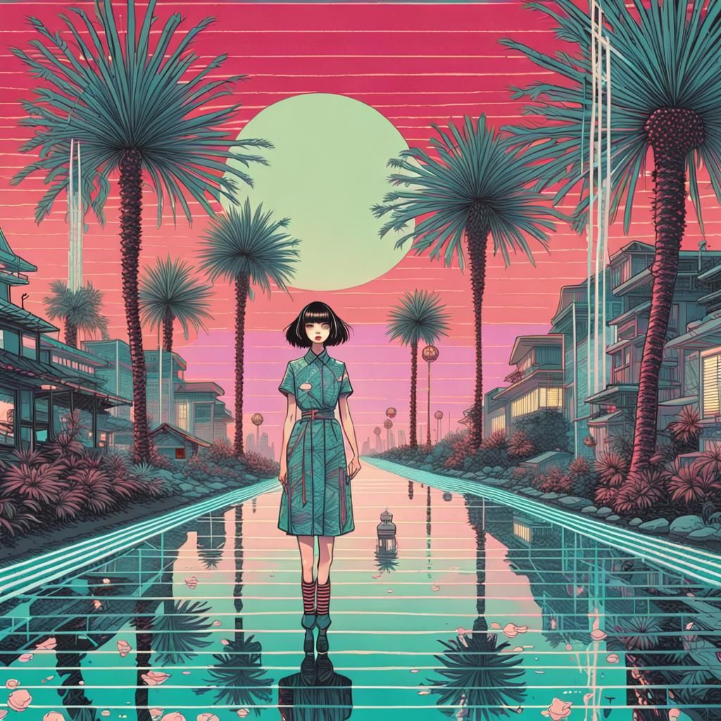 Ethereal scene inspired by Yoko Honda's retro-futuristic aesthetic ...