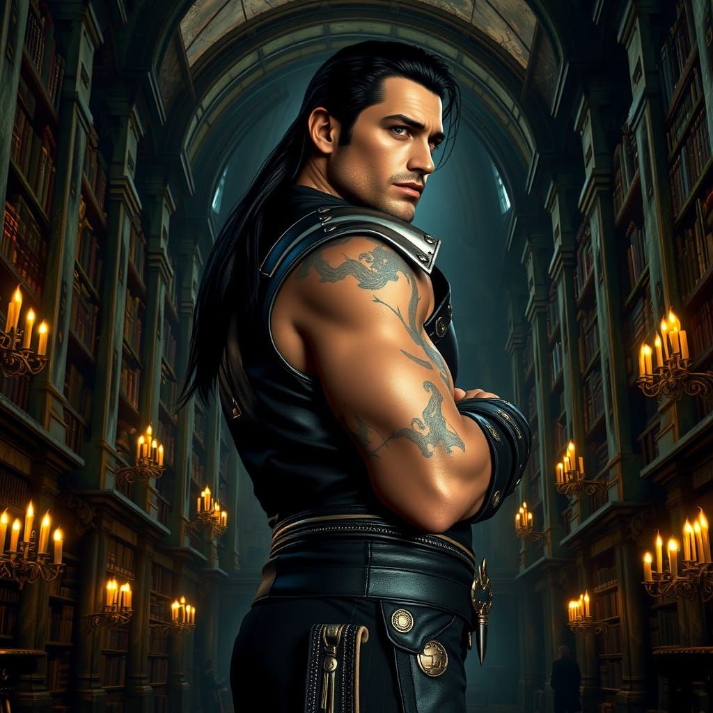 The Silent Stalker - Rugged Warrior in Ancient Library