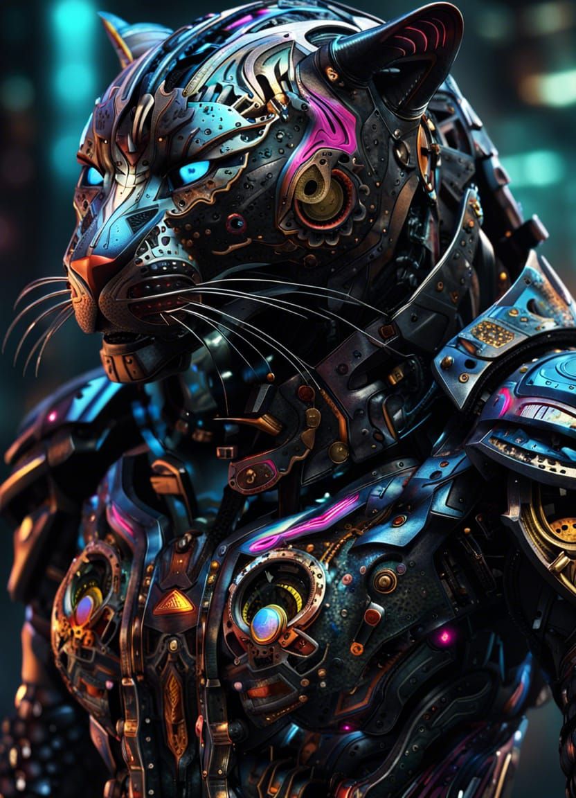 Colorful and detailed Biomechanical panther armor made of lavish black ...