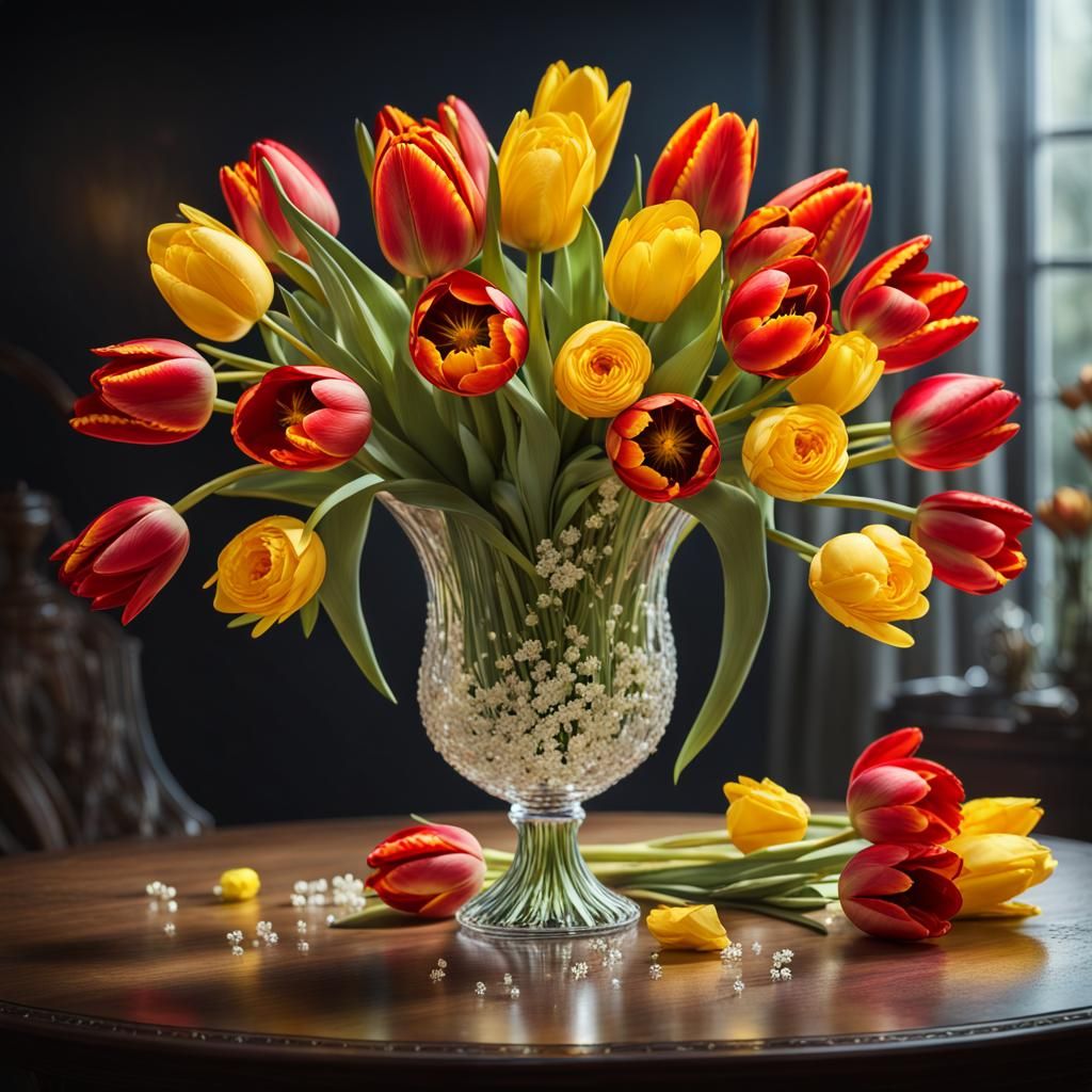 Large yellow and red tulips with gypsophila in a crystal vase. - AI Generated Artwork ...