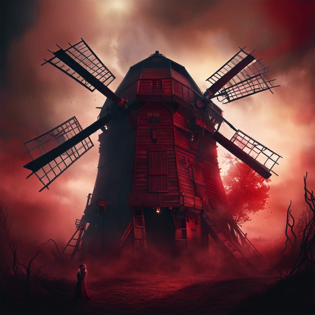 horror monster, eyes,tongues, blood, red mist, Epic windmill cinematic ...