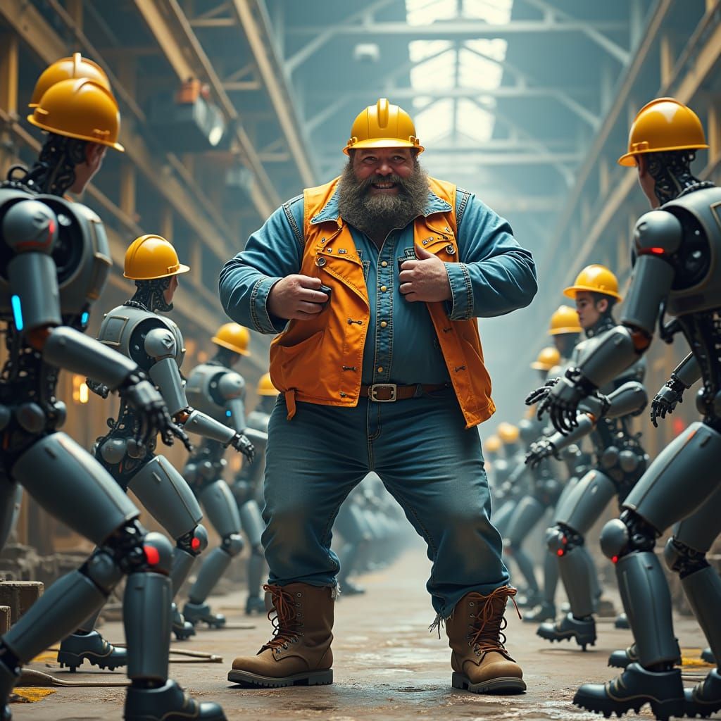 Man And Machine 2 - A Humorous Scene of a Giant Worker Danc...