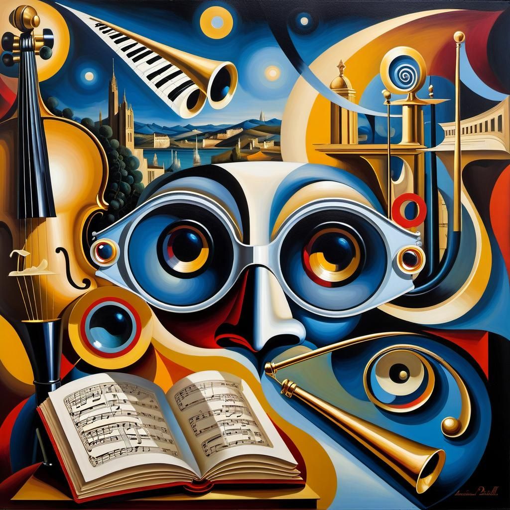 Abstract, surreal night at the opera, opera glasses, music notes, opera ...