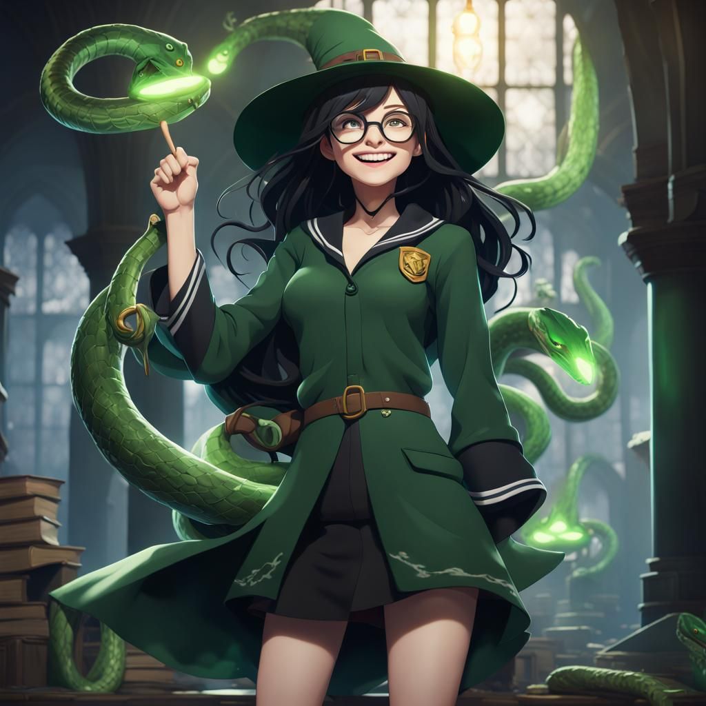 glasses girl, black hair, green eyes, sitting and holding sorting hat ...