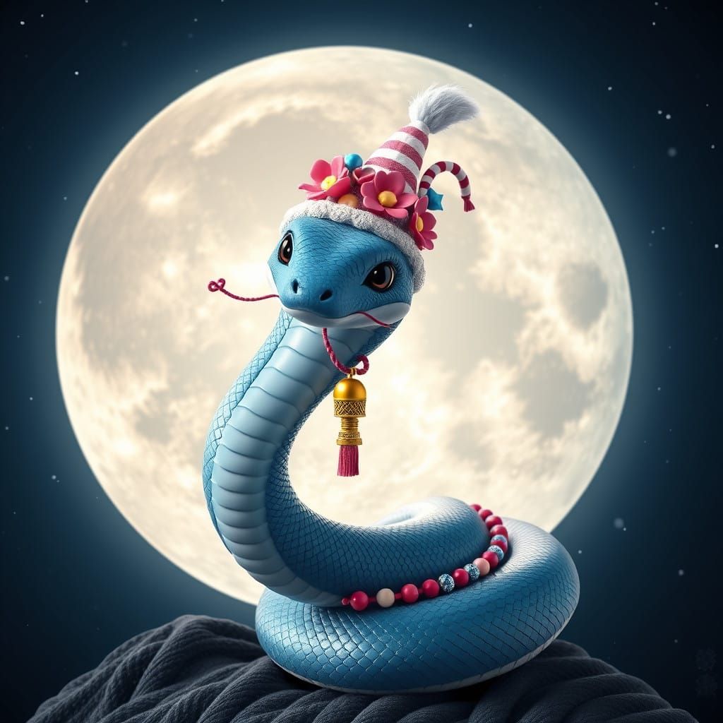 Cute Blue Snake in Festive Gear Under a Vibrant Mo... - AI Art