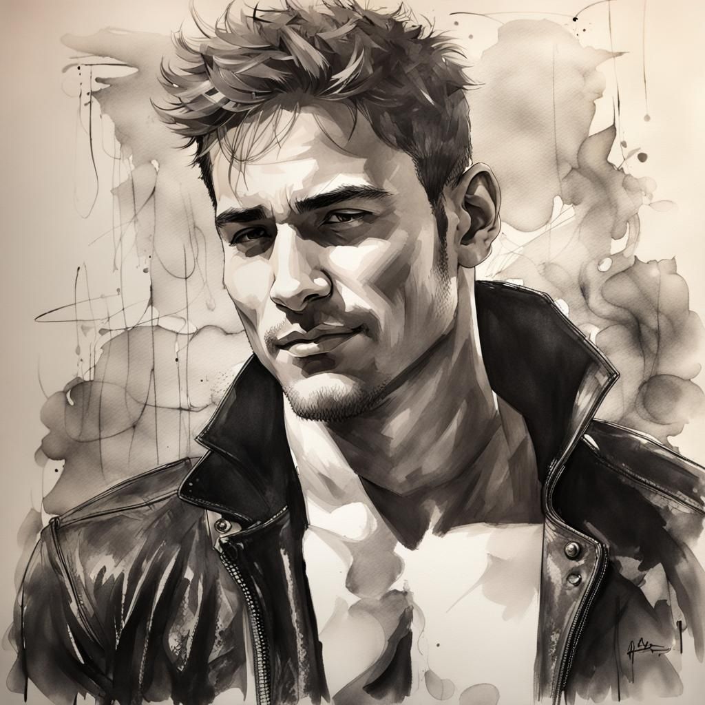 portrait, centered composition fineliner pen and ink wash sketch of ...