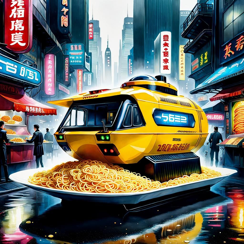 an elegantly detailed futuristic bladerunner hovercraft floating food ...
