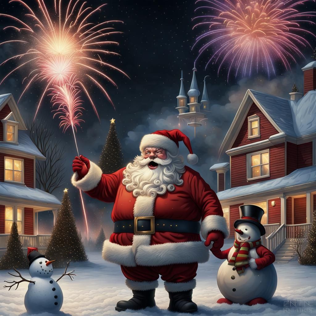 Starry Santa Claus Snowman Christmas Party Fireworks detailed matte ...