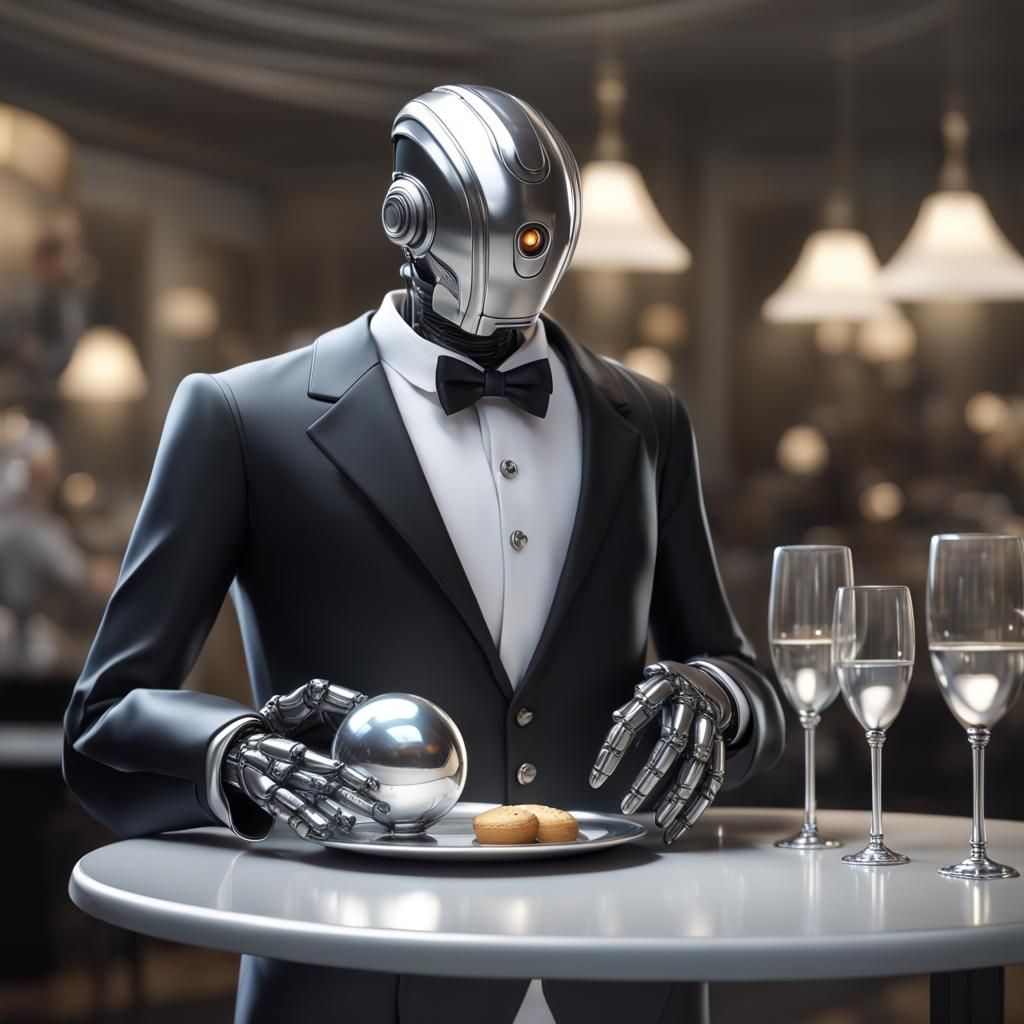 a tall and elegant shiny robot_butler with a black suit and white glove ...