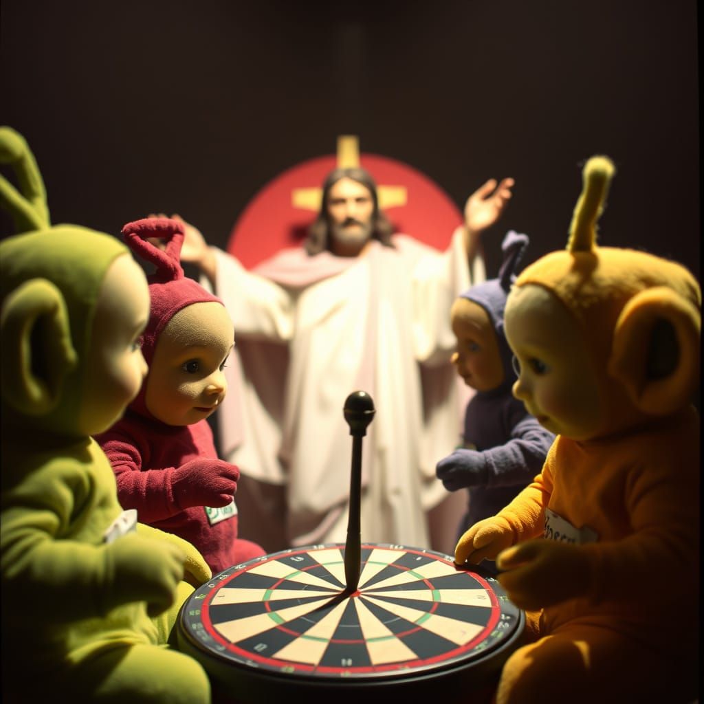 Teletubbies throwing darts with Jesus Christ