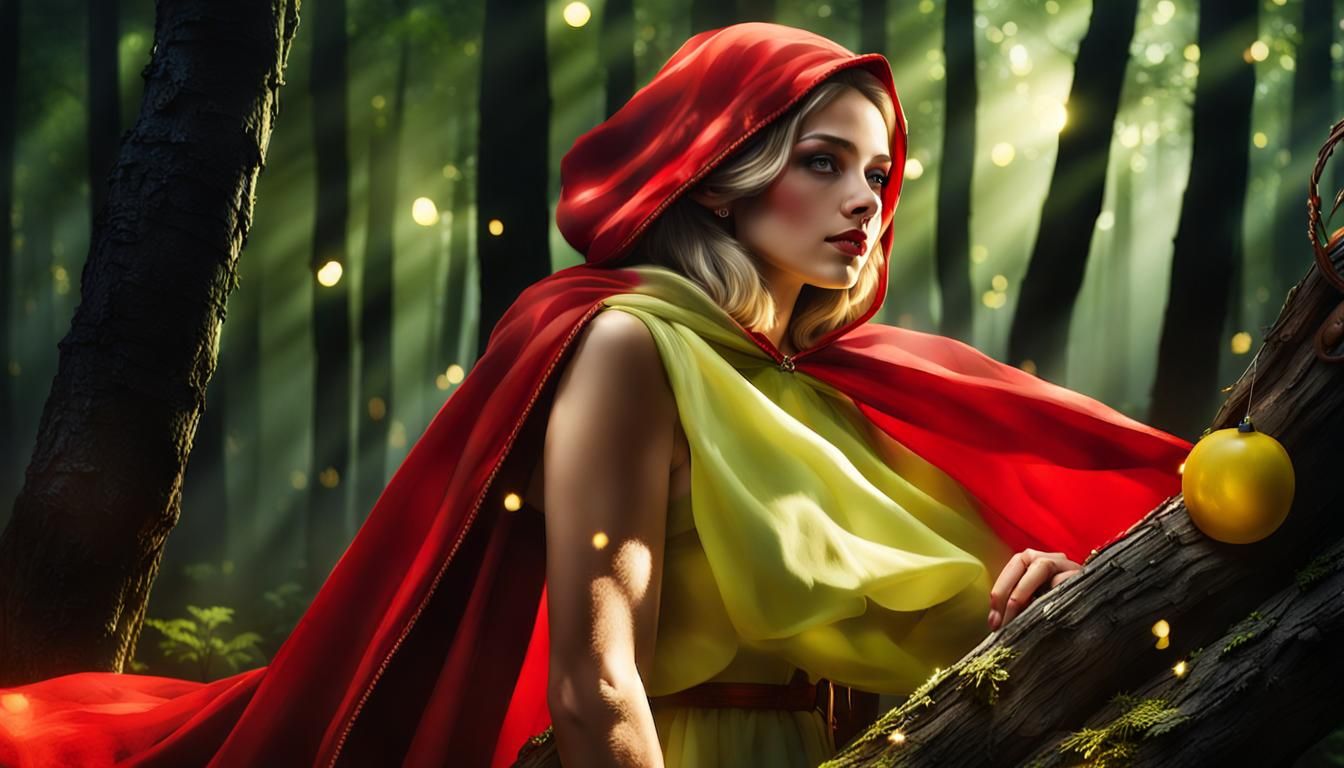 Extremely alluring red riding hood, chesty lady, yellow top, posing at forest , transparency ...