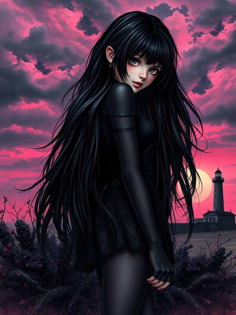 Gothic - Goth Beauty Amidst Twilight Ruins in Hyperrealistic...