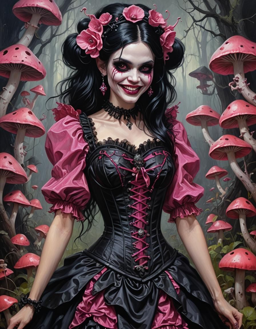 beautiful smiling goth pixie in poison mushrooms - AI Generated Artwork - NightCafe Creator