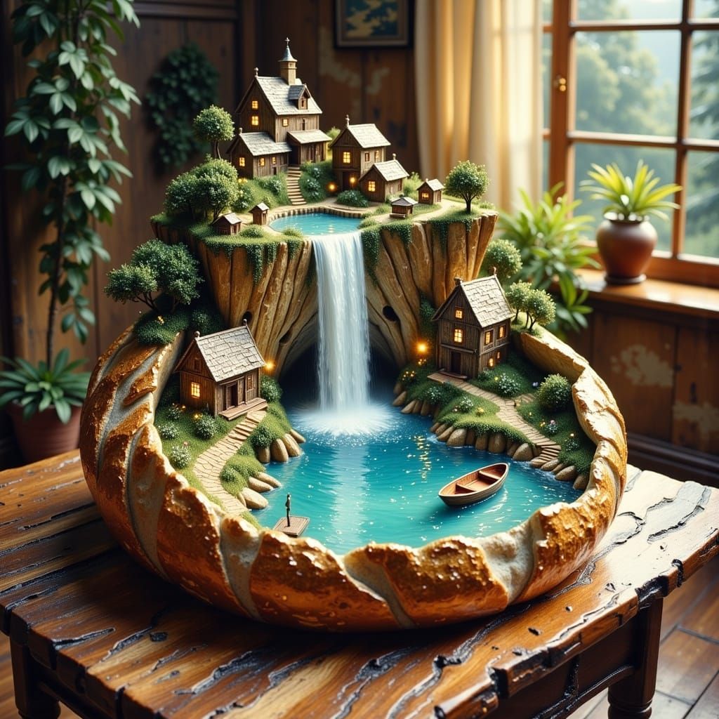 Loaf of bread art - Whimsical Bread Landscape in Textured Im...