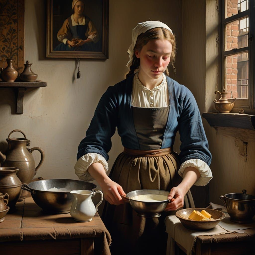 Dutch Milkmaid in Warm 17th Century Interior - AI Art