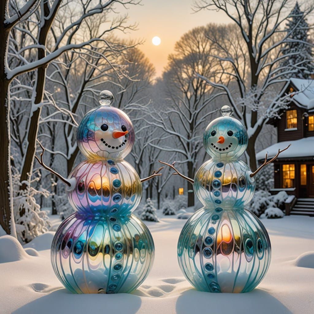 Iridescent Glass Snowmen. Christmas Landscape Background