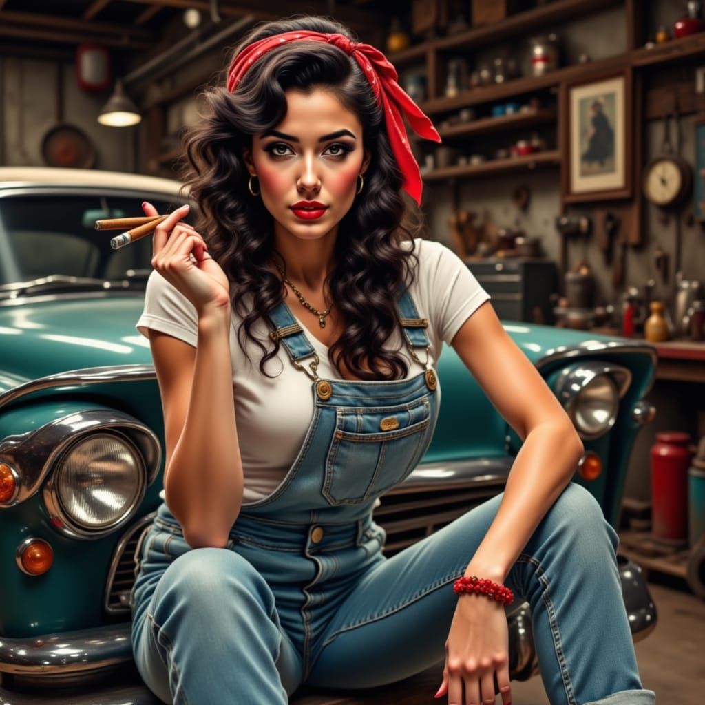 a stylish, confident woman with vintage 1950s pin-up aesthetics sits ...