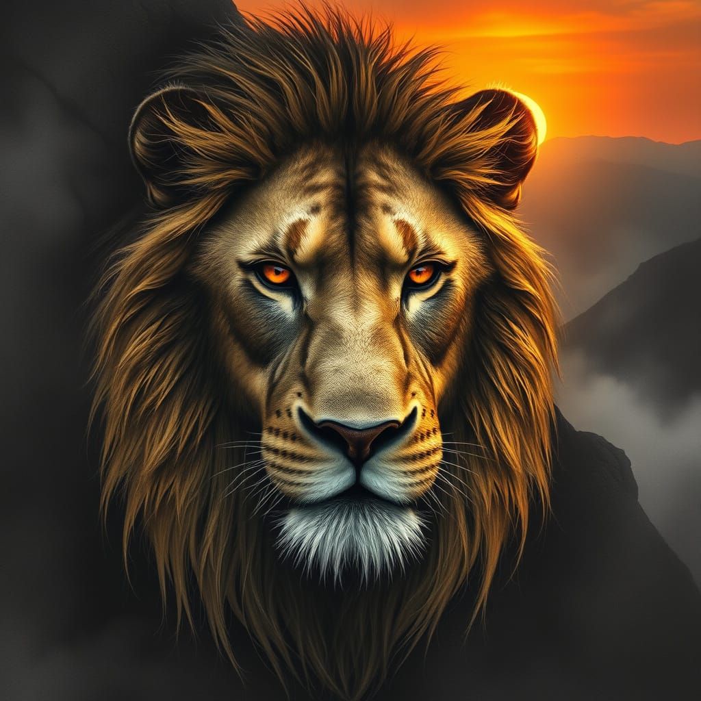 Regal Lion Blends with Misty Mountains at Sunset - AI Art