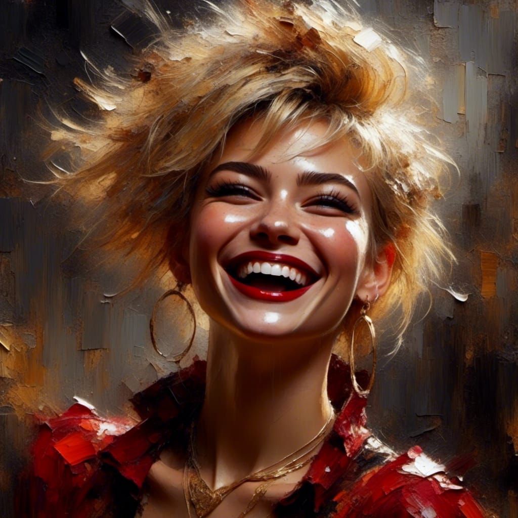 Queen Punk female laughing short blonde pixie hair style, red lip stick ...