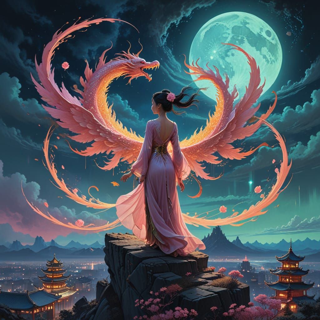 Ethereal Phoenix Rises Over a Dreamlike Cityscape ... - AI Art