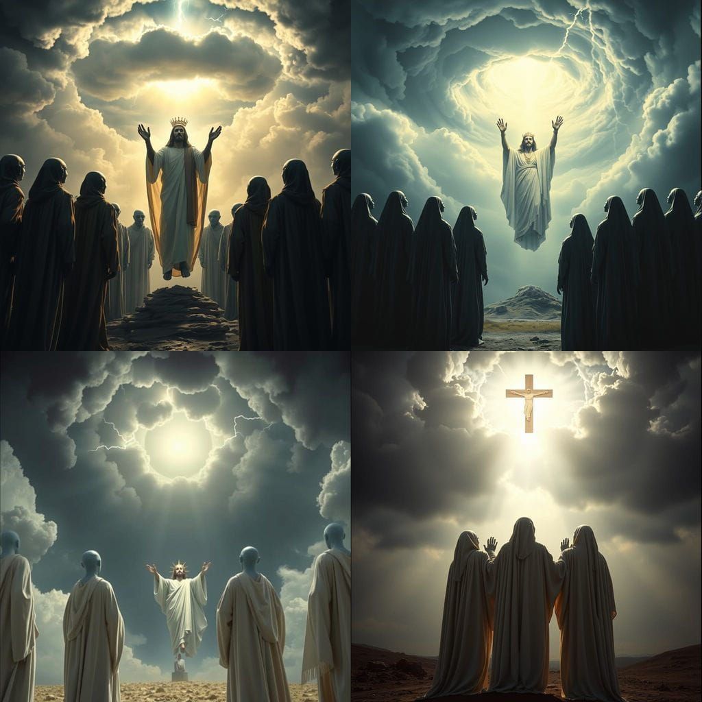 Three grayish blue alien Magi in a circle watching the ascension of ...