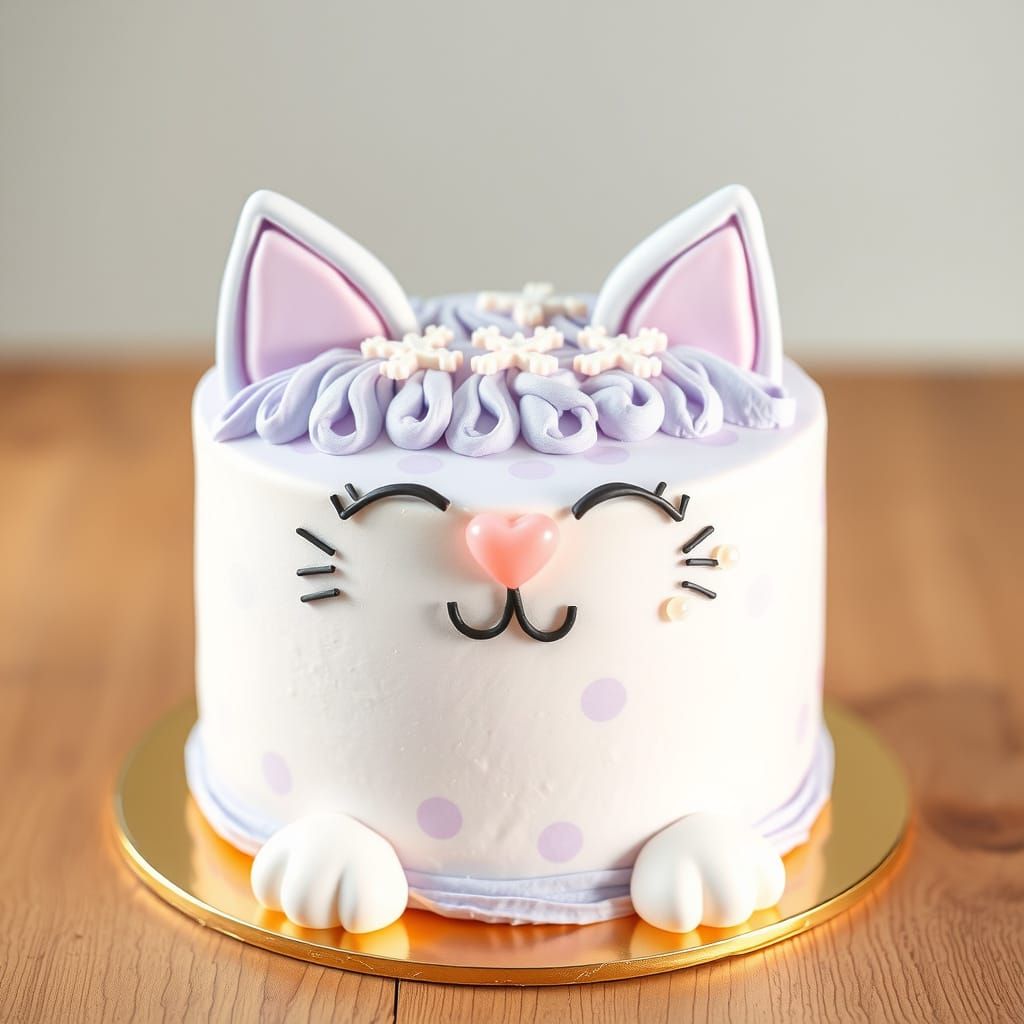 A cute, pastel-colored cake designed to resemble a cat face; the cake ...