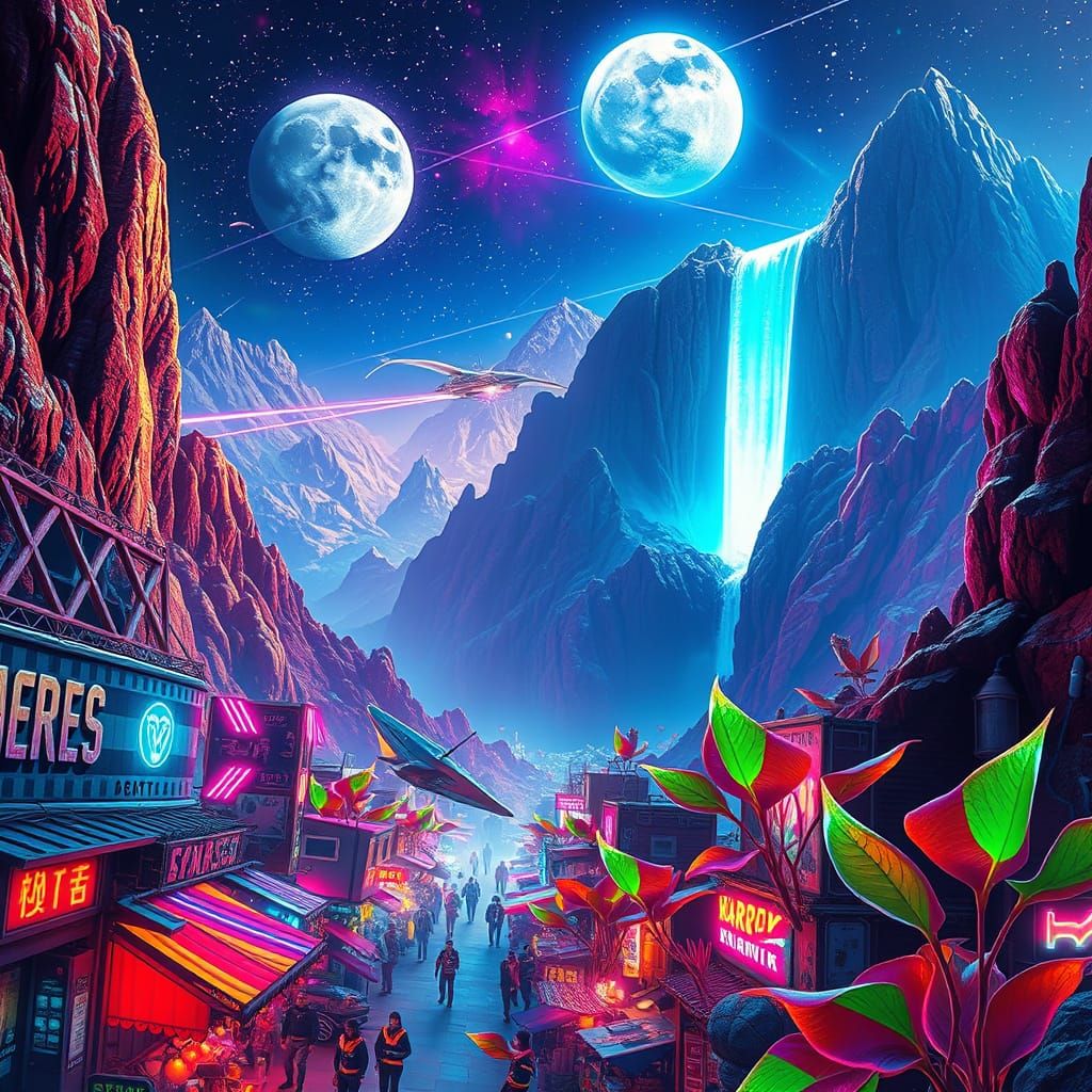 Cyberpunk Interplanetary Market Scene with Neon Li... - AI Art