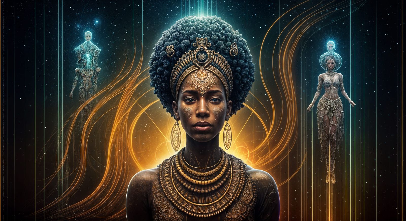 Ascended codex: swirling vortices of liquid motherboard circuitry forming abstract Ndebele ...