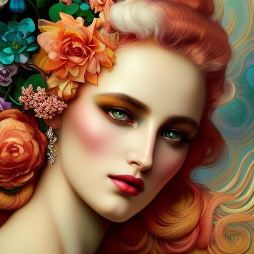 Floral concept art portrait of a beautifull goddess, dreamy mixed media ...