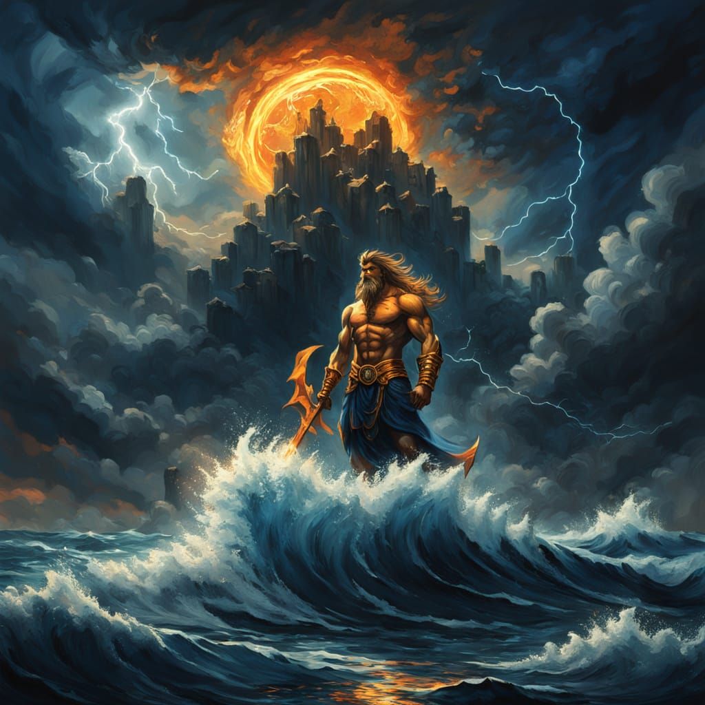 Majestic Poseidon in Ring of Fire Solar Eclipse - AI Art