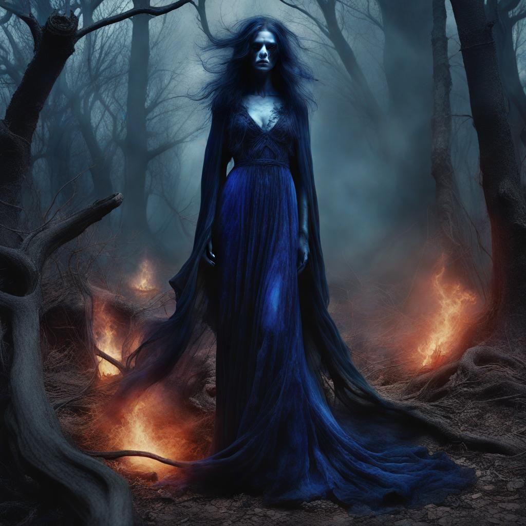 surrealist art Cursed Eerie Witch undead aura. black flowing gown ...