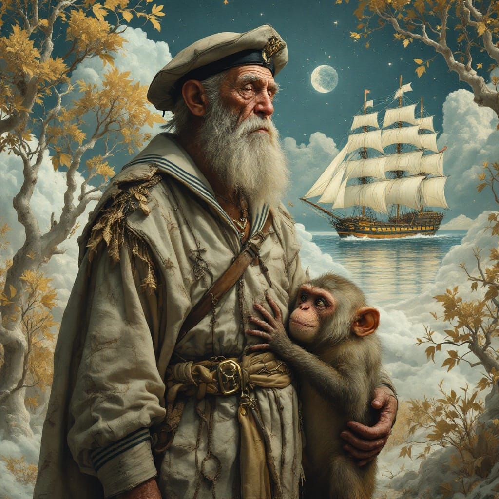 Sailor with Monkey in Surreal Dreamscape - AI Art