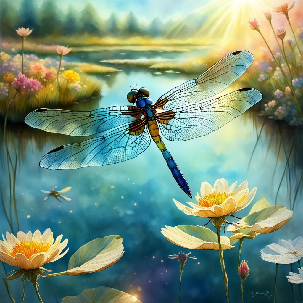 A dragonfly over a pond #1 - AI Generated Artwork - NightCafe Creator