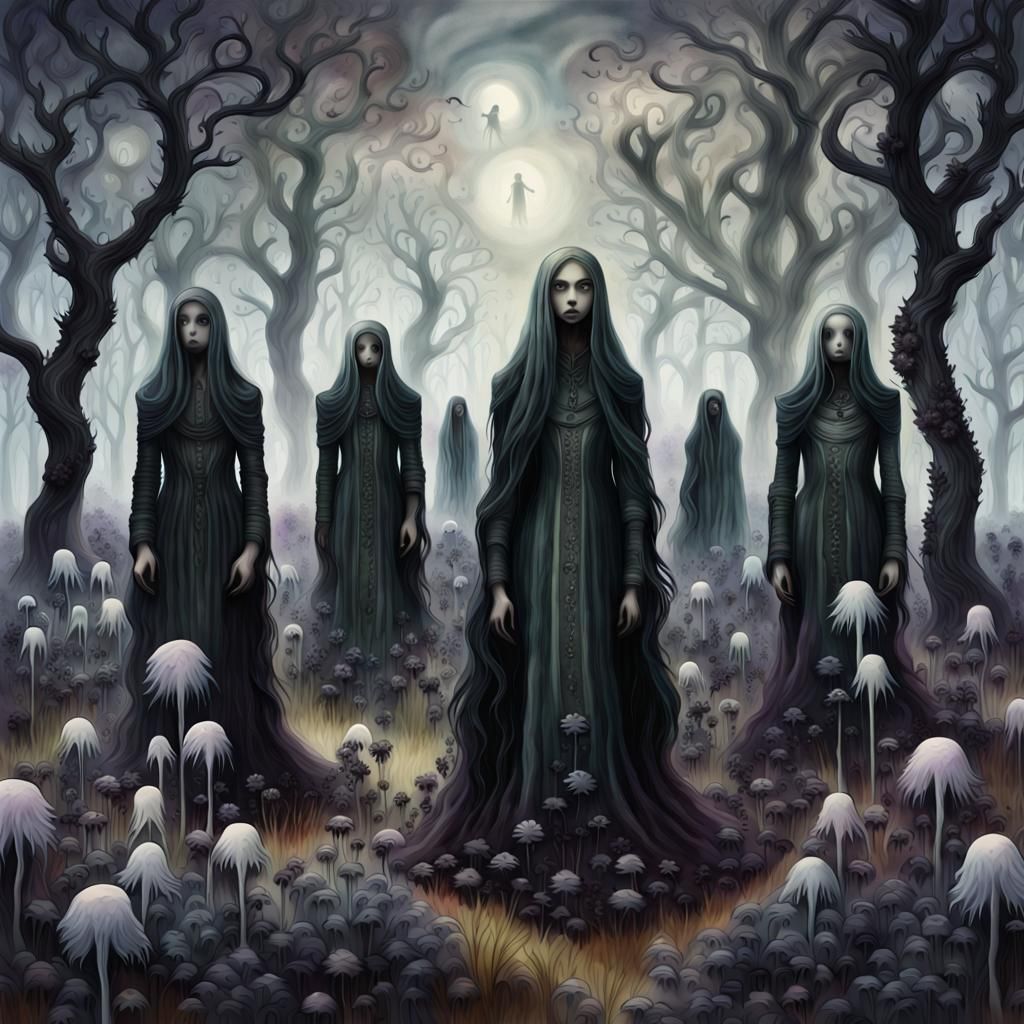 Ghostly, spectral people standing in a field of black flowers and ...