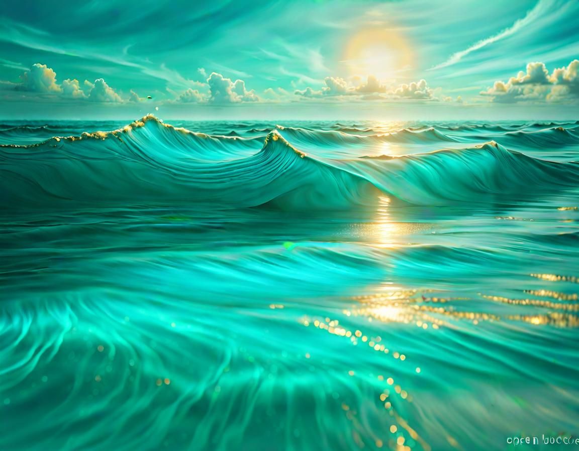 tranquil serene soft pastel turquoise and gold realistic open ocean ...