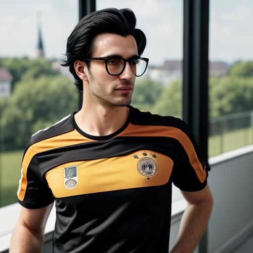 Handsome young German man, black hair, clear glass glasses, wearing a ...