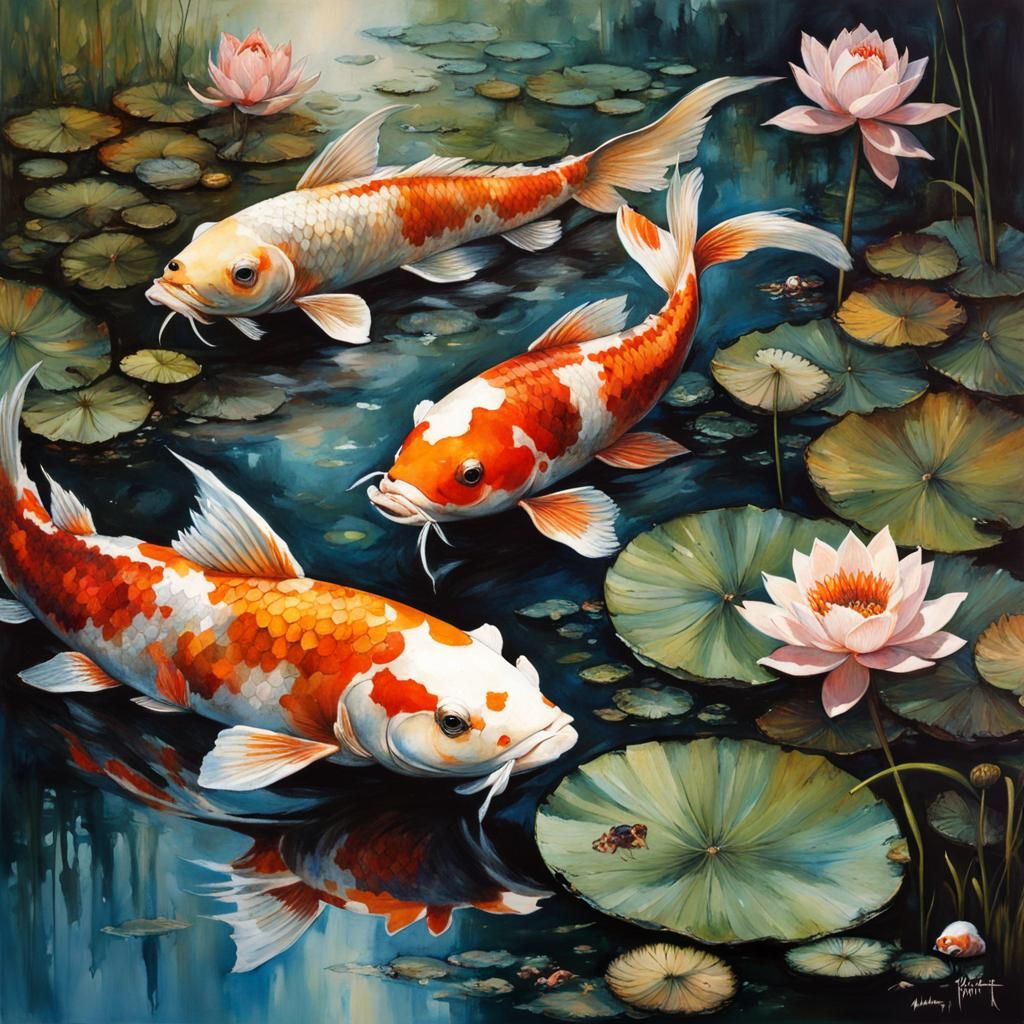 Koi fish swimming in a lotus pond. - AI Generated Artwork - NightCafe Creator